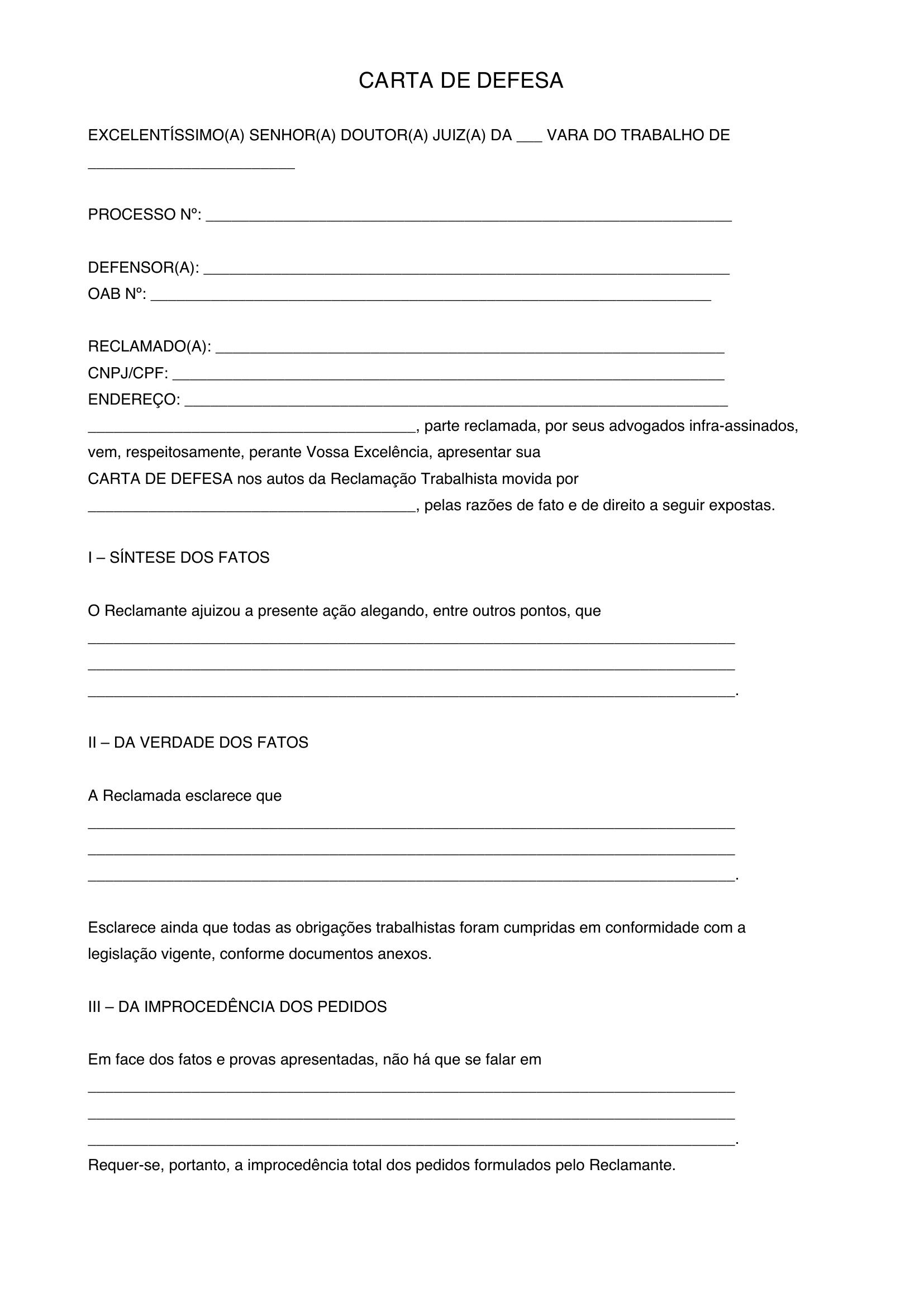 Modelo De Carta De Defesa